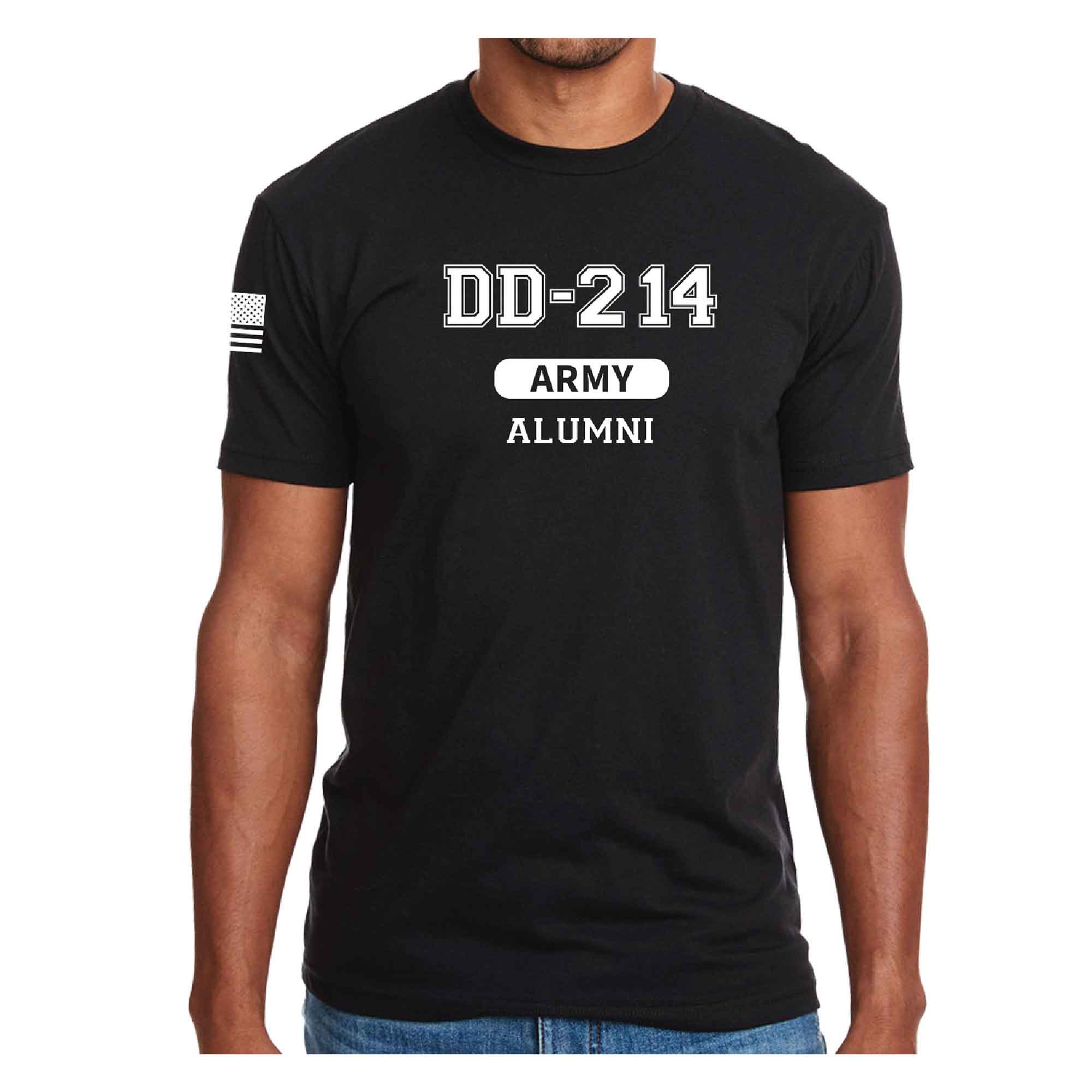 Officially Licensed Army DD-214 Alumni Black T-Shirt with American Flag on Sleeve