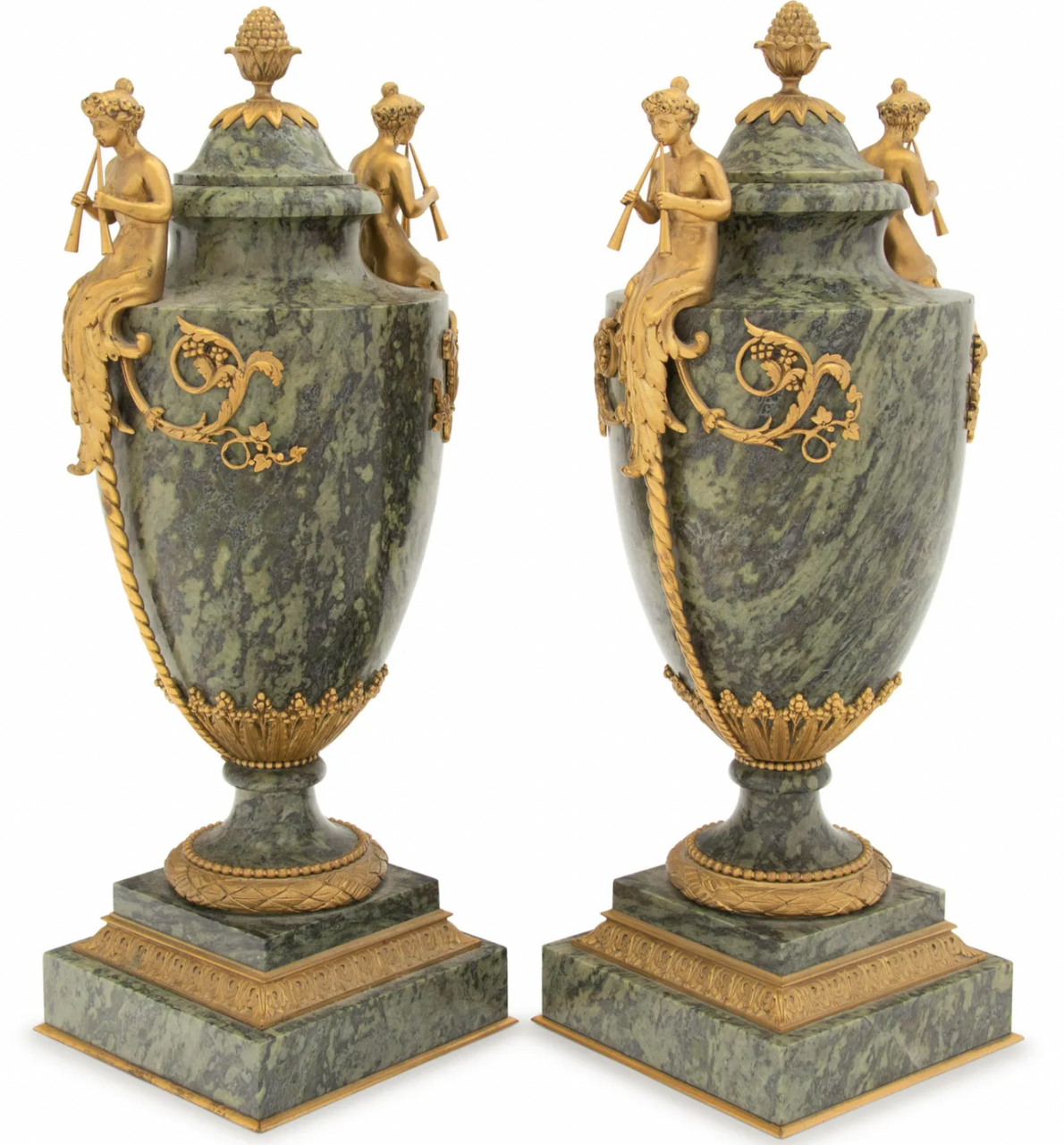 A Fine Pair of French Gilt Bronze Mounted Marble Urns - F&P Associates
