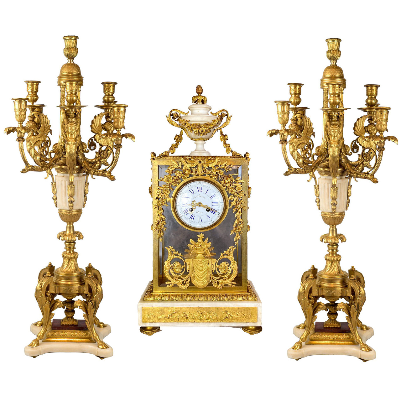 A Unique Gilt Bronze Garniture Clock set with Cut Glass and White ...