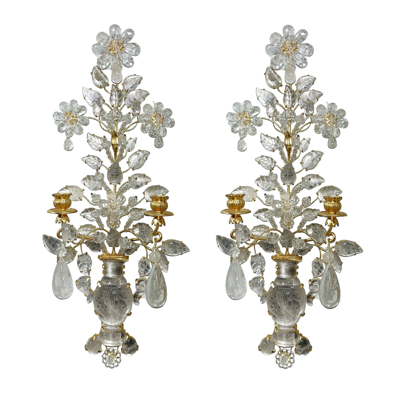 Rock Crystal Two Light Sconce with Engraved Vase Base - F&P Associates
