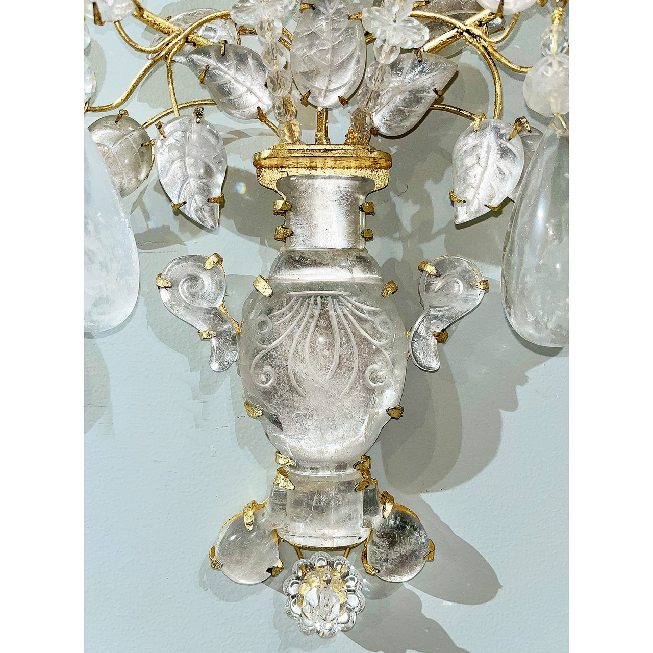 Rock Crystal Two Light Sconce with Engraved Vase Base - F&P Associates