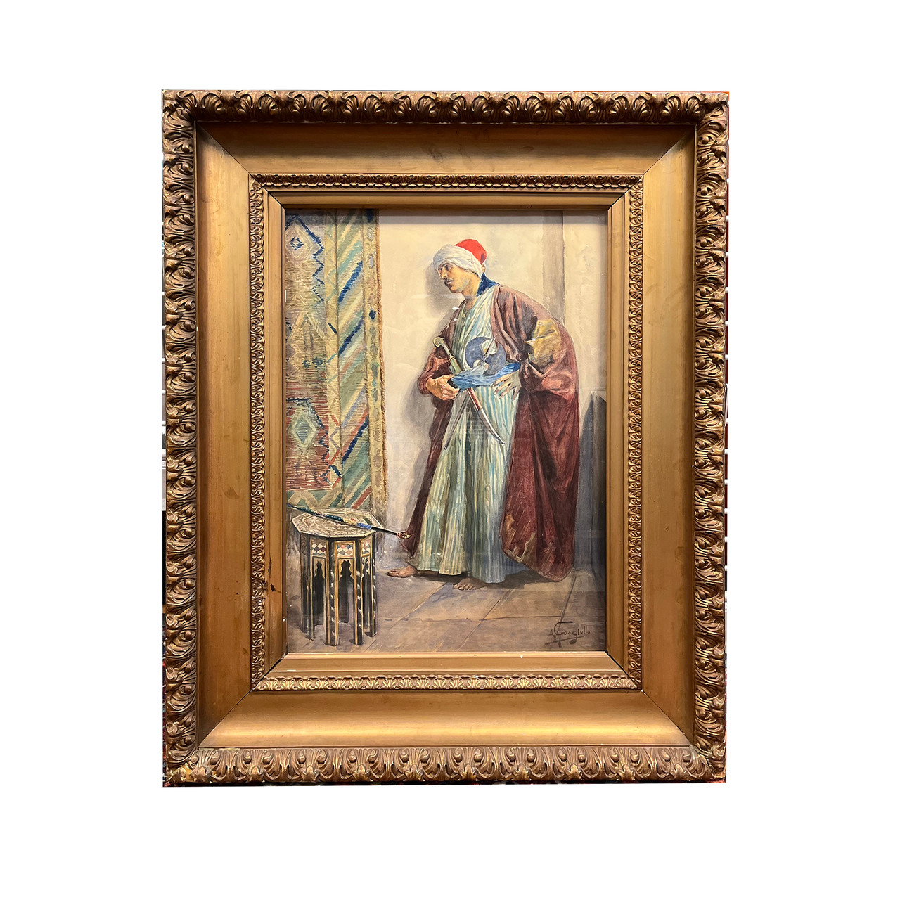 Standing Guard Orientalist Watercolor by Antonio Gargiullo - F&P Associates