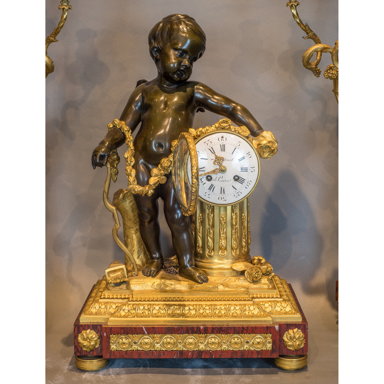 Antique French Patinated and Gilt Bronze Clock Set Garniture with Putto