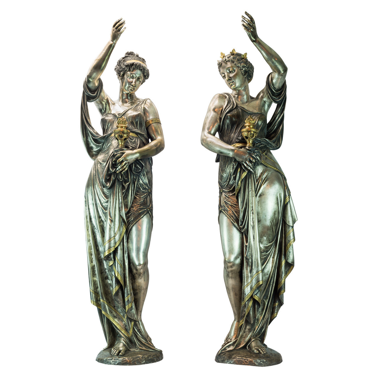 Antique Monumental Silvered and Gilt Bronze Figural Torchères by Albert ...