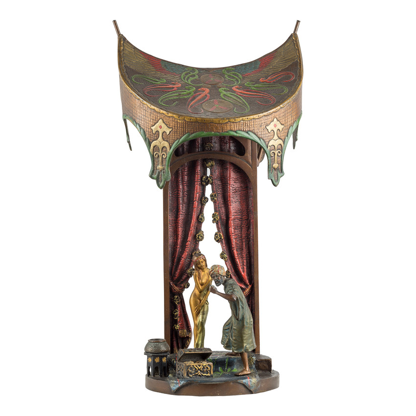 Antique Cold Painted Austrian Bronze Lamp and Sculpture Depicting a ...