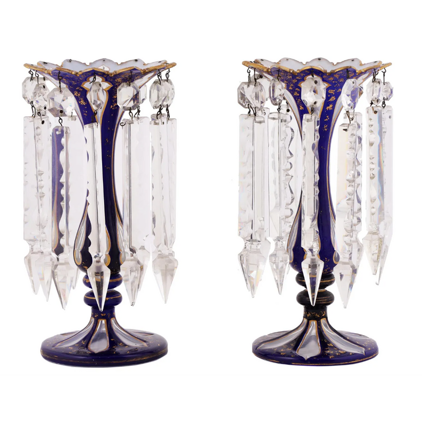 Pair of Bohemian Blue Glass Lustres with cut glass drops - F&P Associates