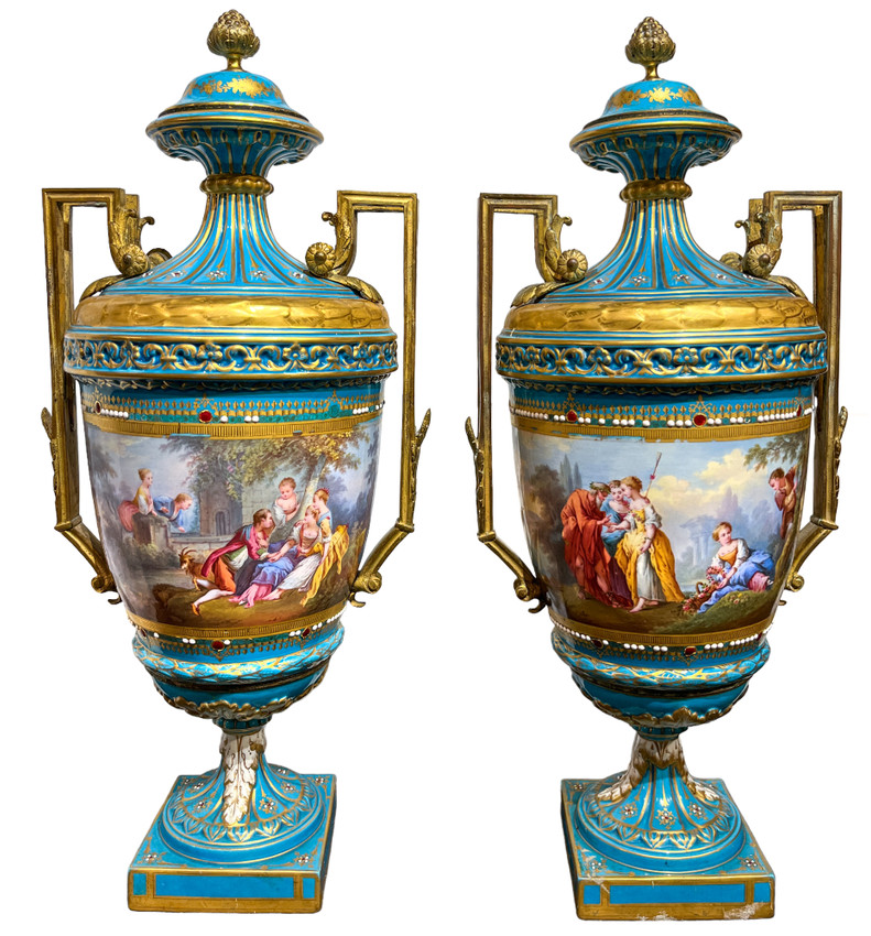 Pair of Sèvres Style Bleu Celeste Landscape Urns