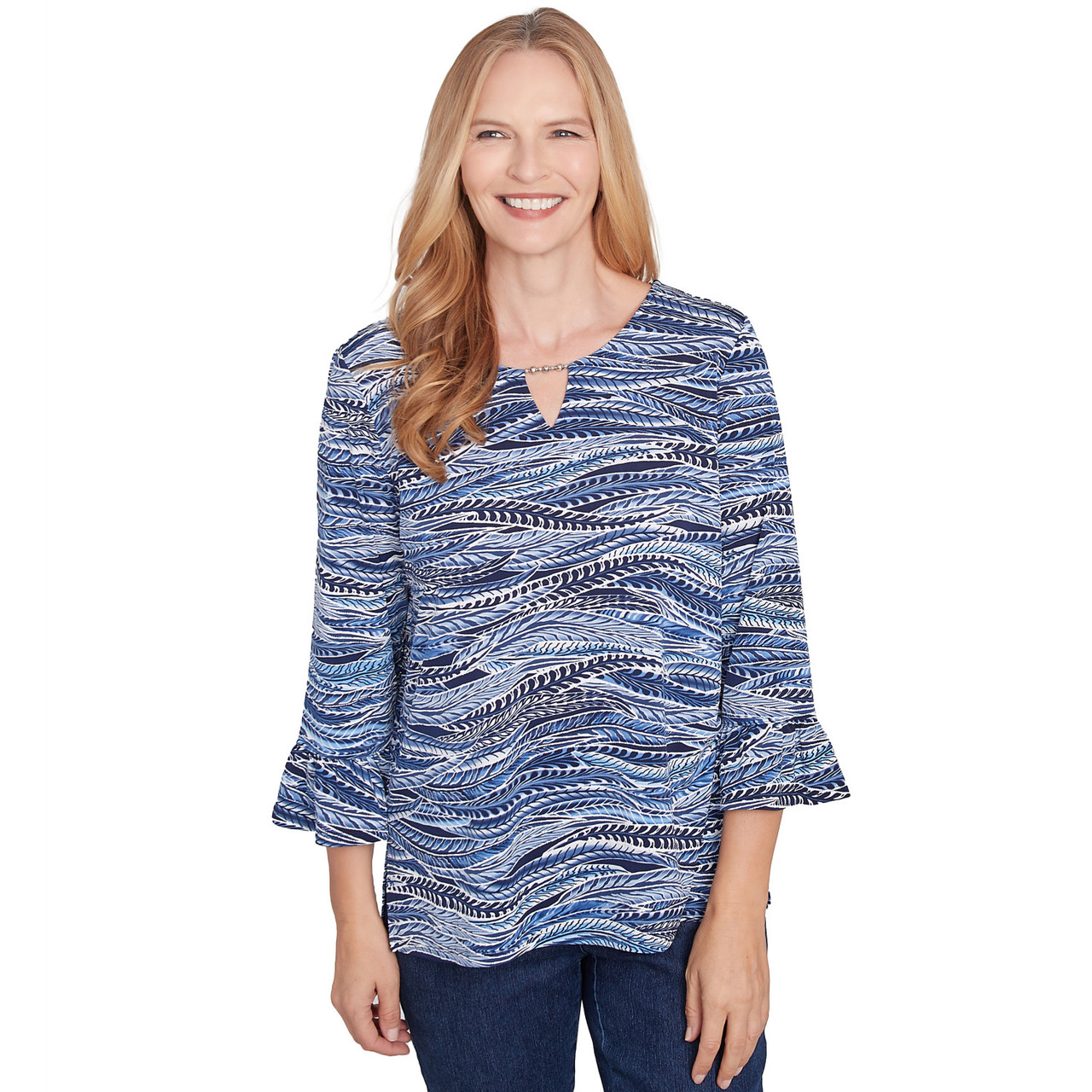 Petite Women's Tropical Leaf Split Beaded Neck Top | Alfred Dunner