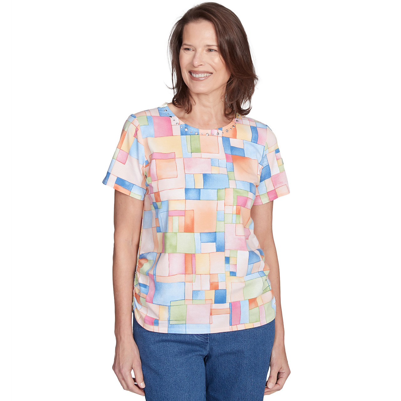 Women's Color Block Tile Top With Side Ruching | Alfred Dunner