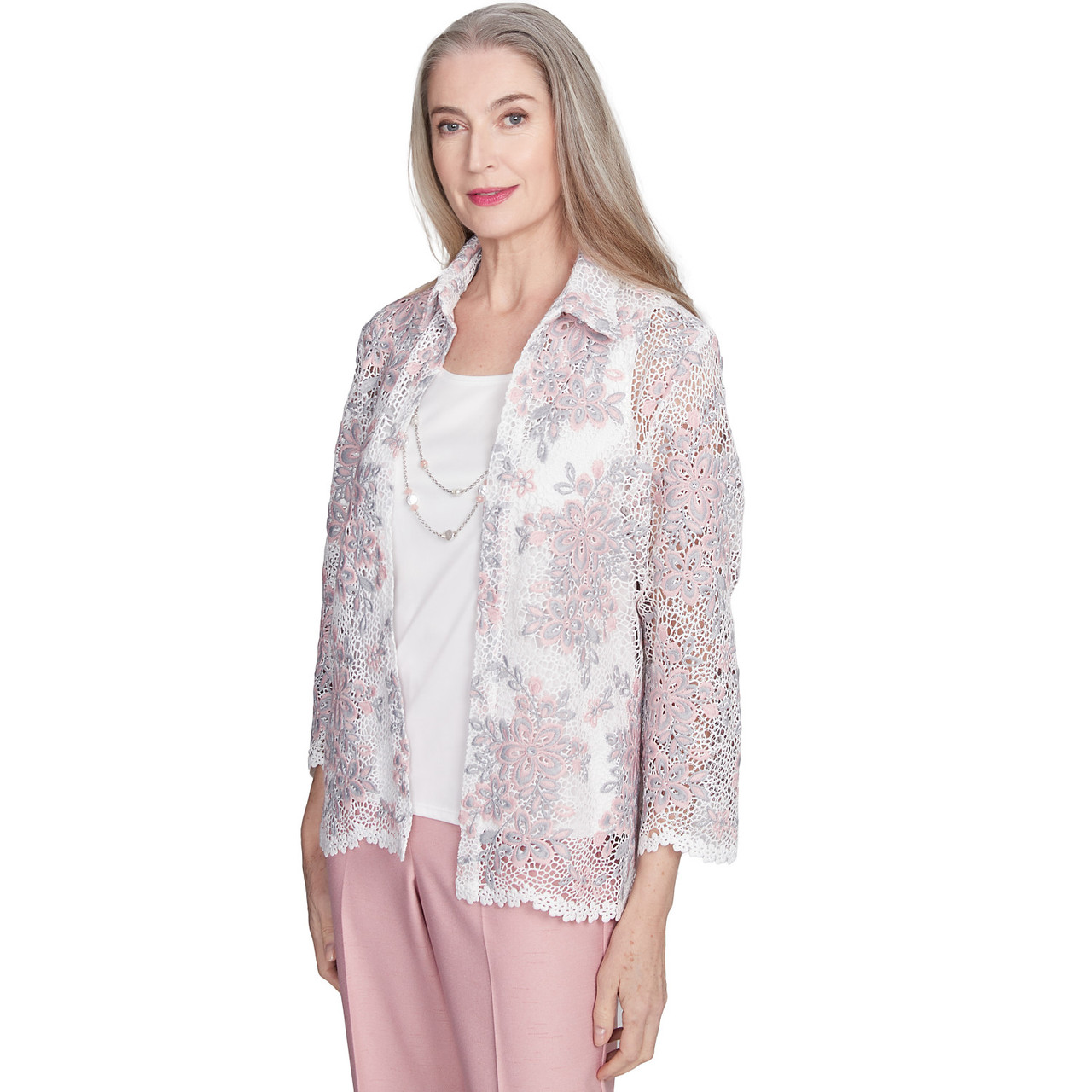 Petite Women's Floral Lace Two In One Top With Necklace | Alfred Dunner