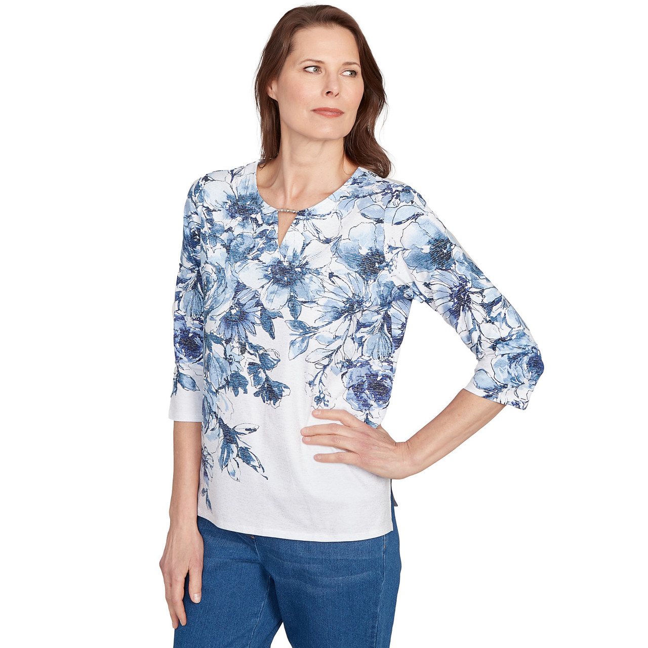 Women's Floral Split Neck Beaded Top