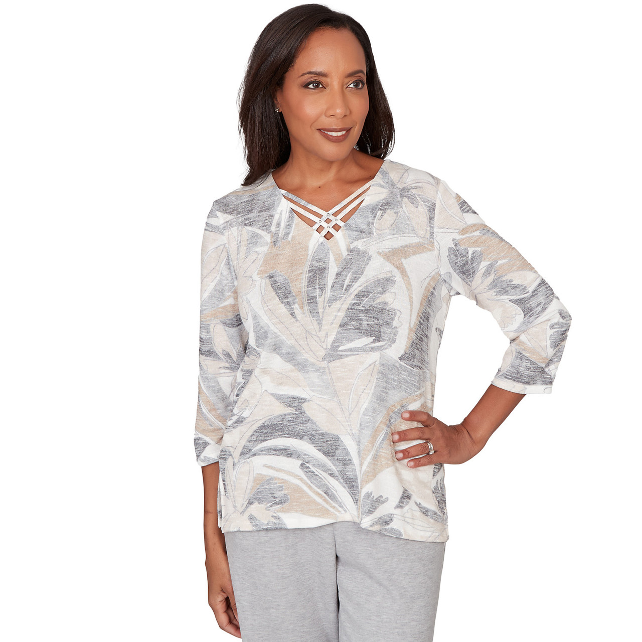 Women's Leaf Print Crossover V-Neck Top | Alfred Dunner