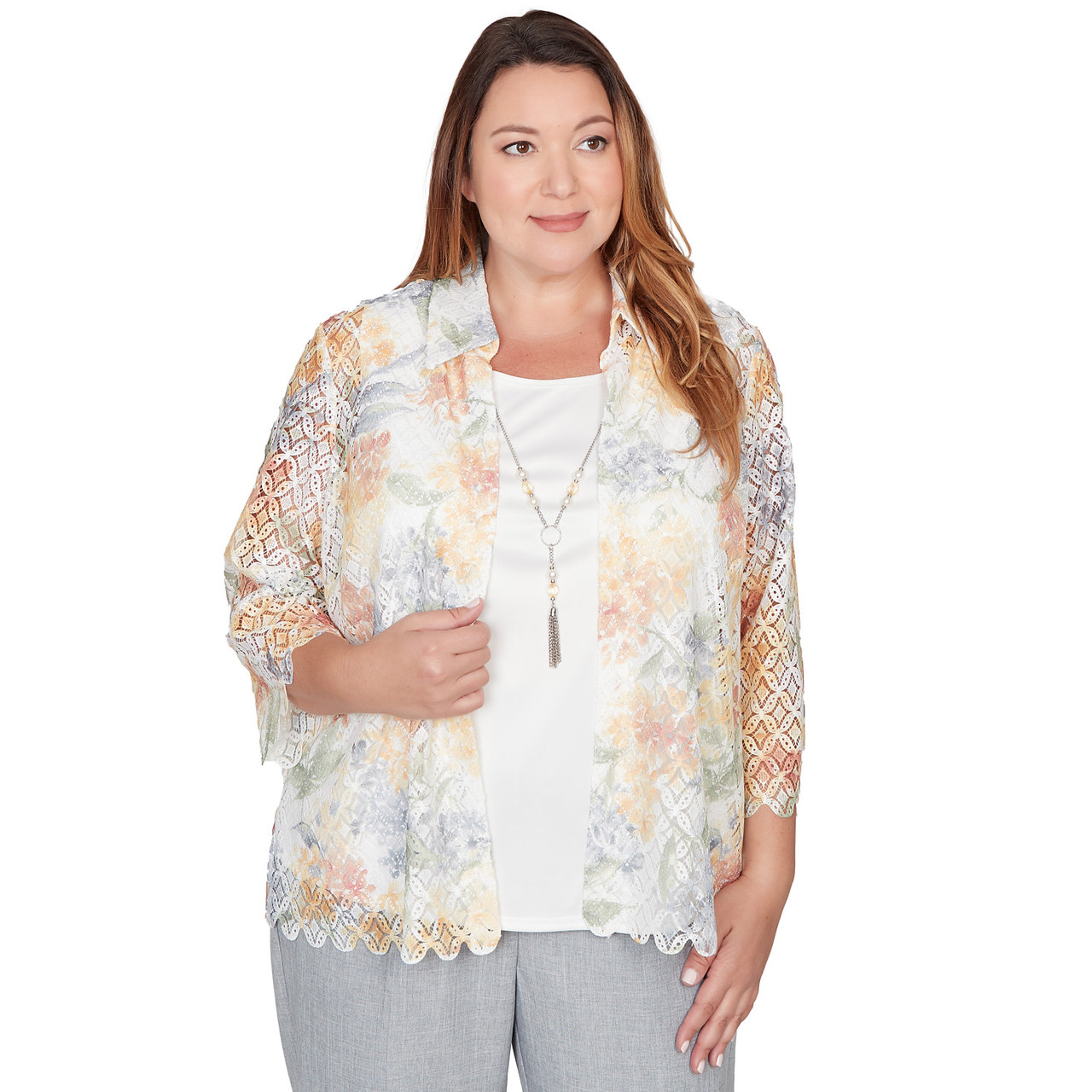 Plus Women's Lace Floral Two In One Top With Necklace | Alfred Dunner
