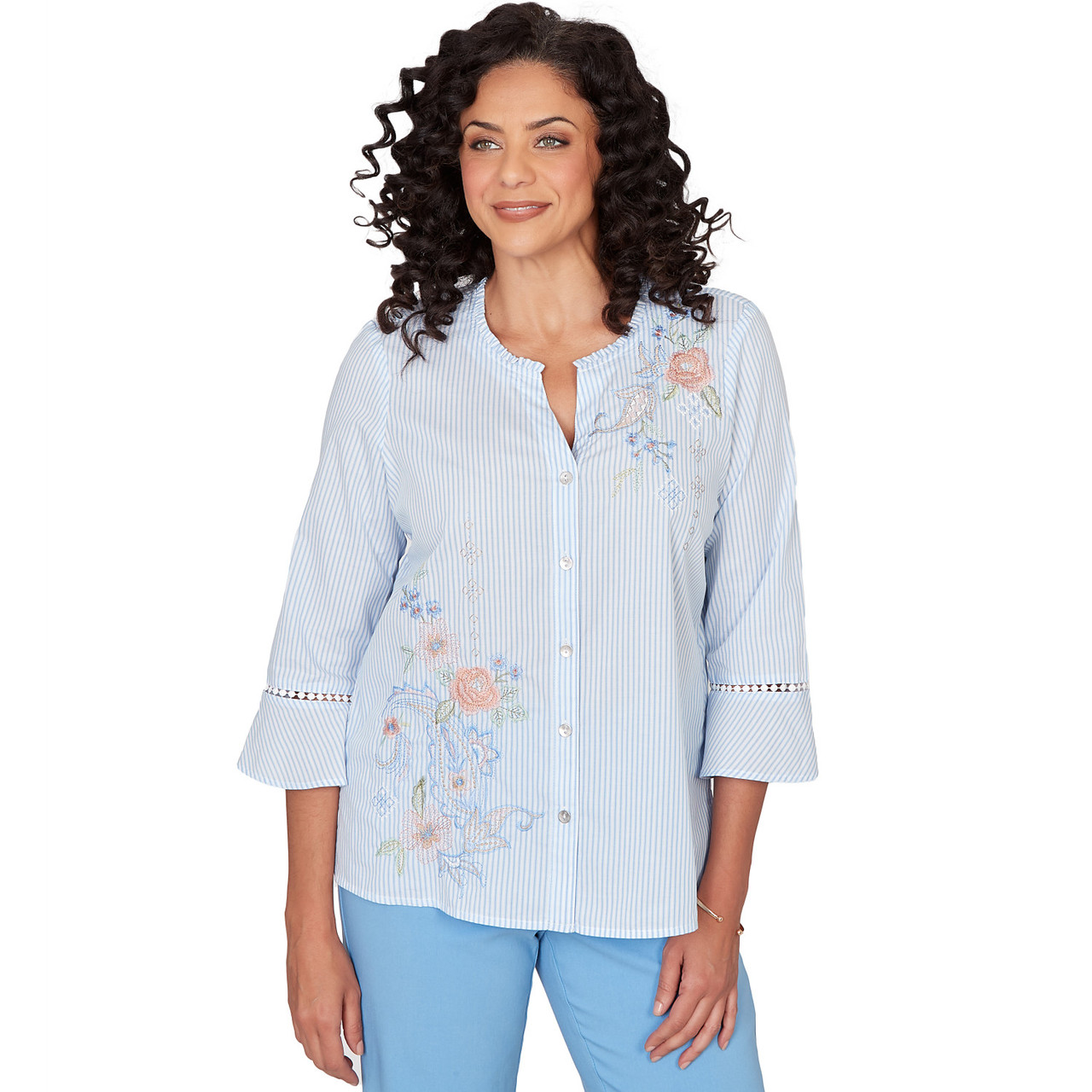 Women's Striped Floral Embroidered Button Down Top | Alfred Dunner