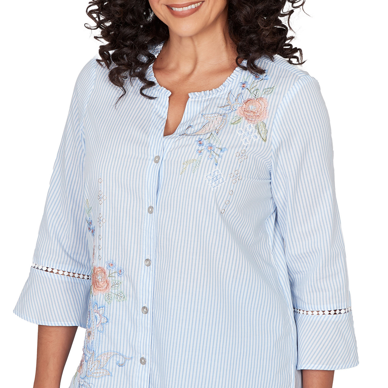 Women's Striped Floral Embroidered Button Down Top | Alfred Dunner