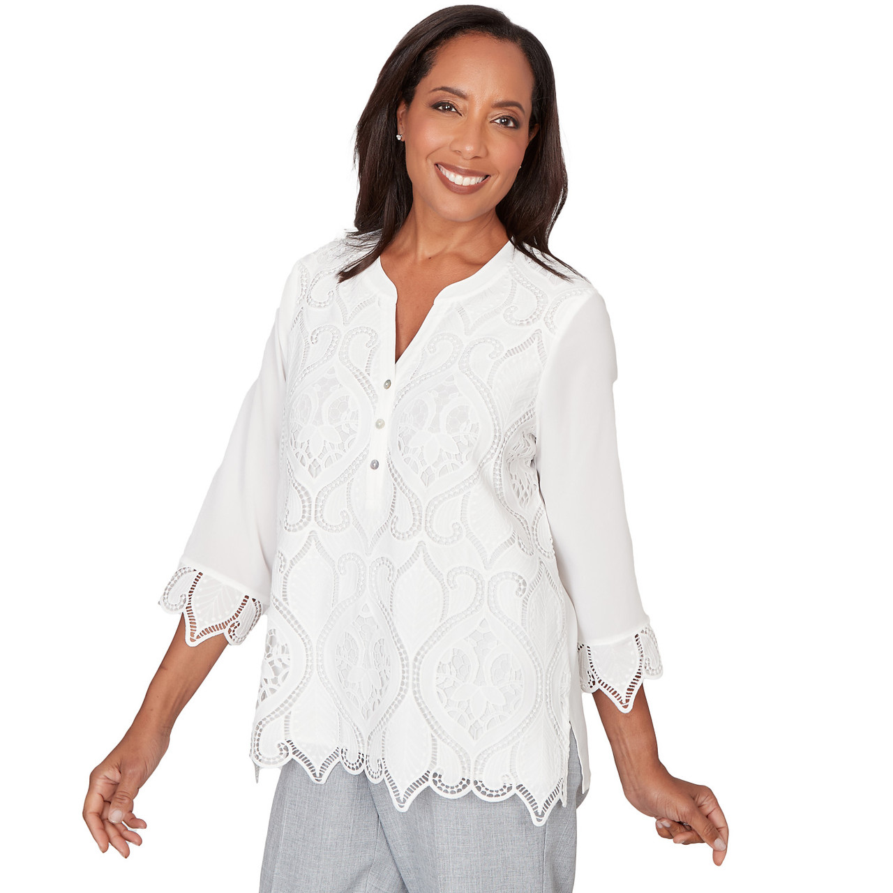 Women's Lace Cut Out Front Henley Top | Alfred Dunner