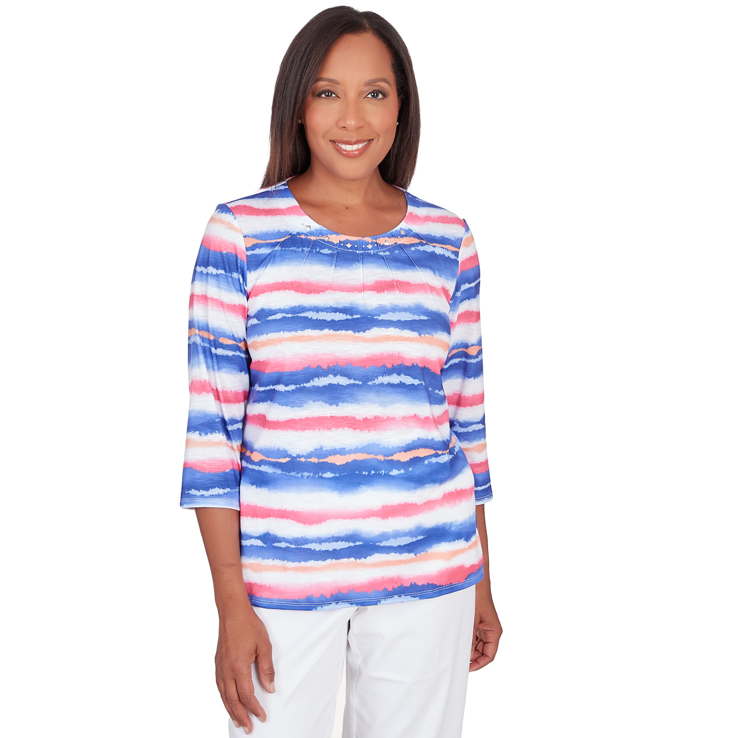 Petite Women's Watercolor Stripe Pleated Neck Top | Alfred Dunner