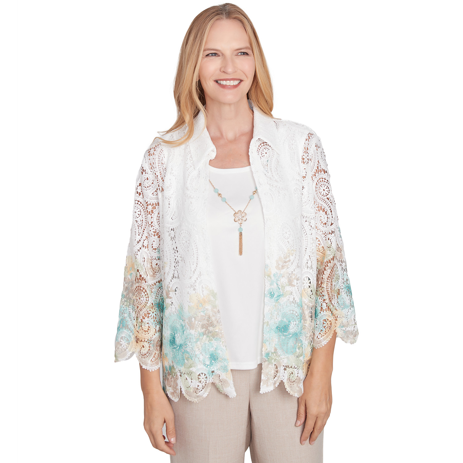 Petite Women's Floral Lace Two In One Top With Necklace | Alfred Dunner