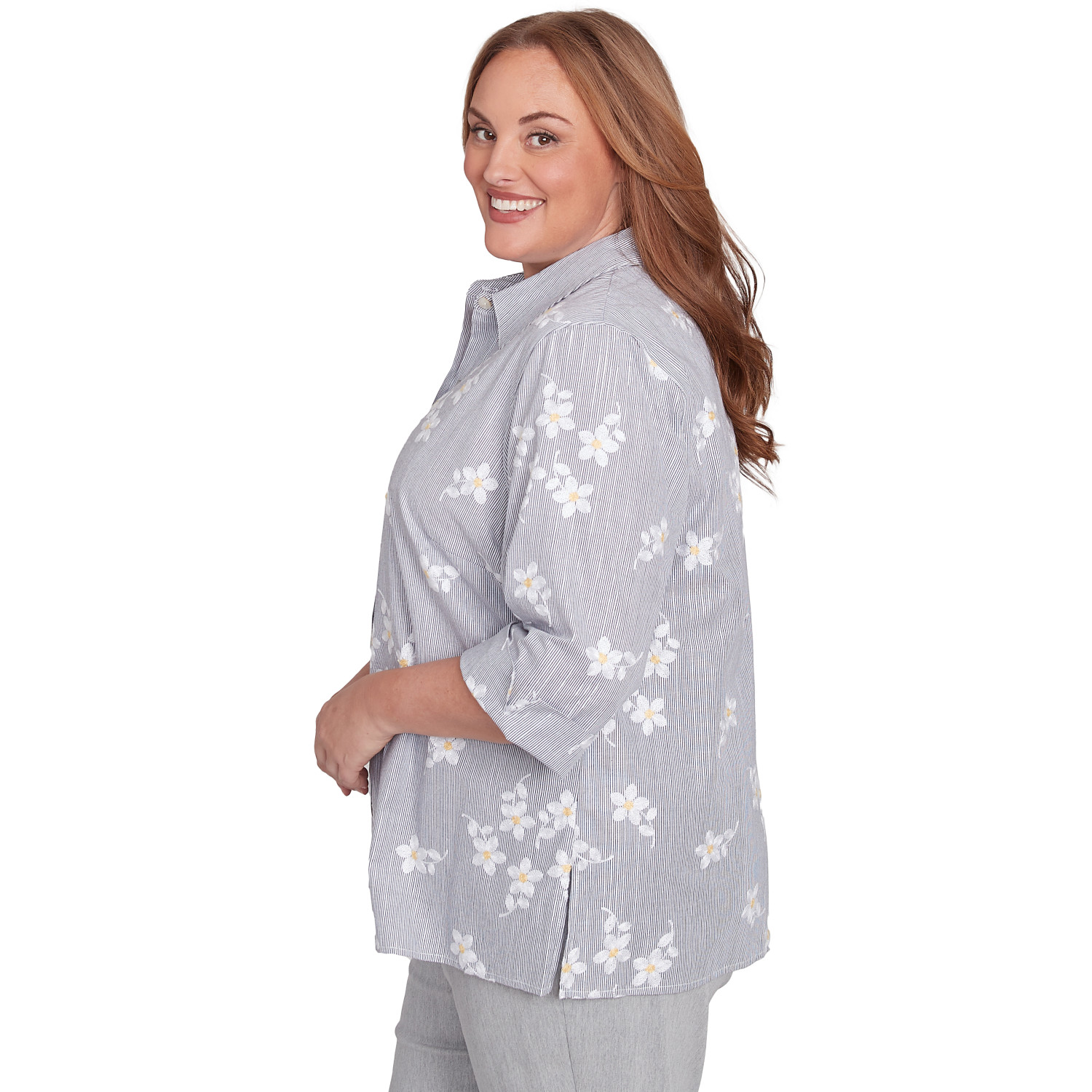 Plus Women's Flower Embroidered Button Down Striped Top | Alfred Dunner