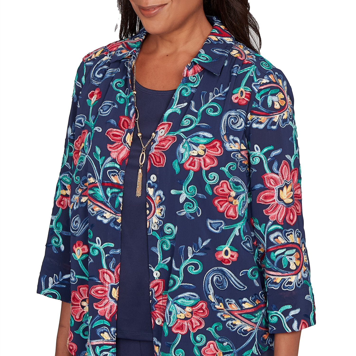 Petite Women's Paisley Floral Two In One Top With Necklace | Alfred Dunner