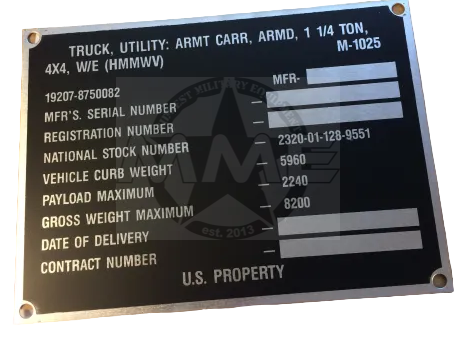 Humvee / HMMWV / H1 Parts - Cab & Body - Cab Interior - Plates and ...