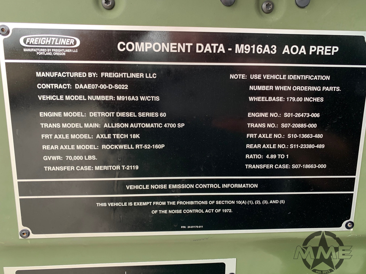 2008 M916A3 Freightliner 6x6 Semi Truck Tractor / 45,000LB Rear Winch