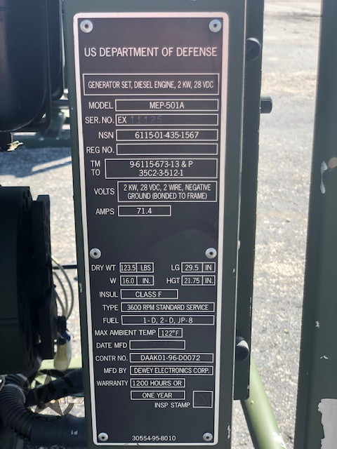 Dewey MEP-501A 2KW Generator Set