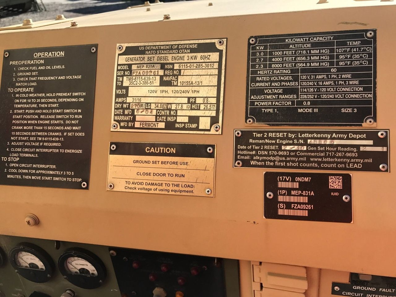 MILITARY MEP-831A DIESEL GENERATOR 3KW 60HZ 2004 TACTICAL QUIET ONLY 5. ...