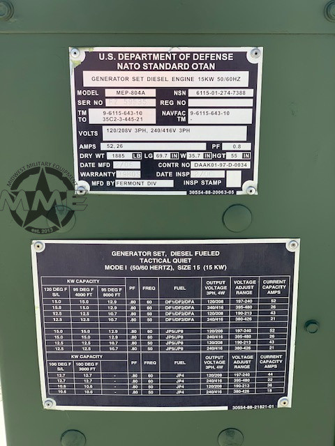 2006 15 KW MEP-804A DIESEL MILITARY TACTICAL QUIET GENERATOR (36 Hours ...