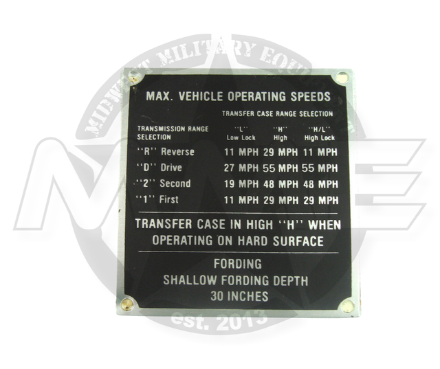 Max Vehicle Operating Speed Nameplate