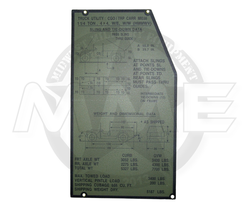 Humvee/HMMWV/H1 Parts - Cab & Body - Cab Interior - Plates and Decals ...