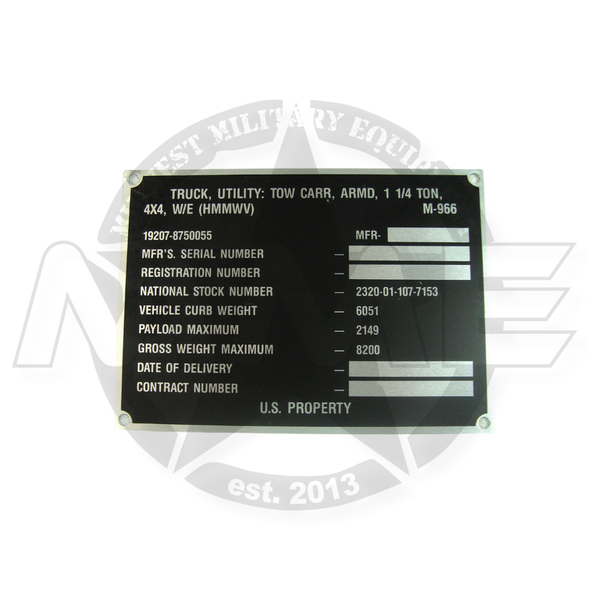 Heater Data Nameplate - Midwest Military Equipment