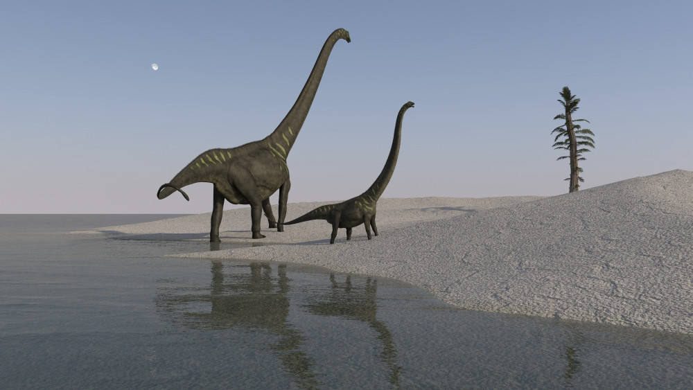 Two Mamenchisaurus roaming along the shoreline Poster Print - Item ...