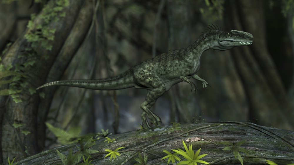 Monolophosaurus in prehistoric woodlands Poster Print - Item ...