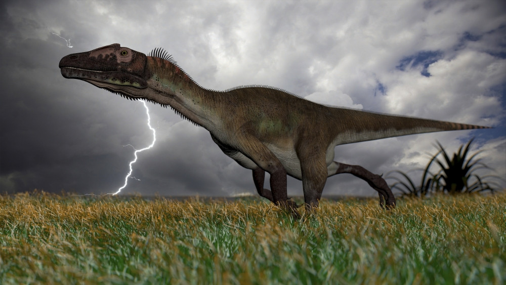 Utahraptor running across an open field during a lightning storm Poster ...