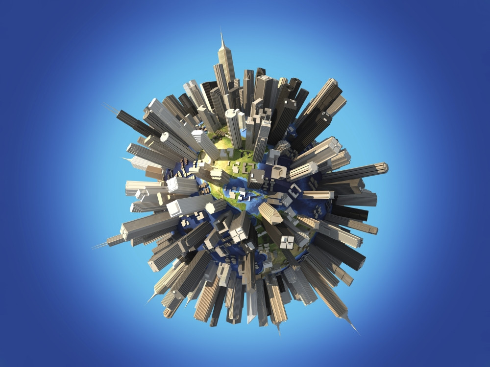 Planet Earth covered by huge skyscrapers and buildings. Poster Print ...