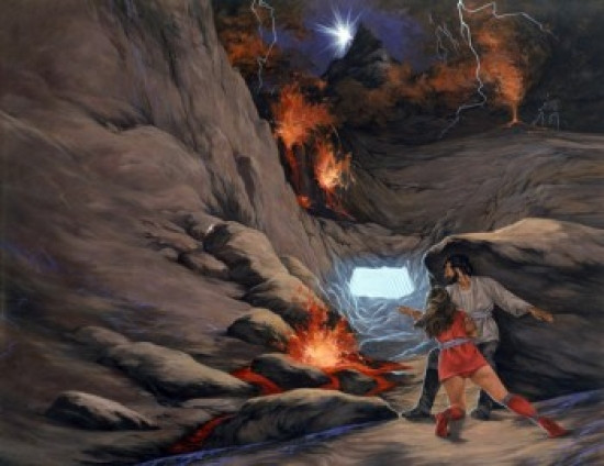 Couple hiding behind rock during volcanic eruption Poster Print - Item ...