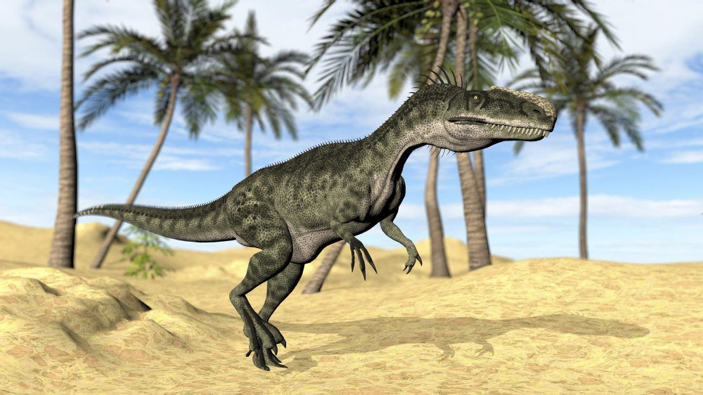 Monolophosaurus walking across a prehistoric landscape Poster Print ...