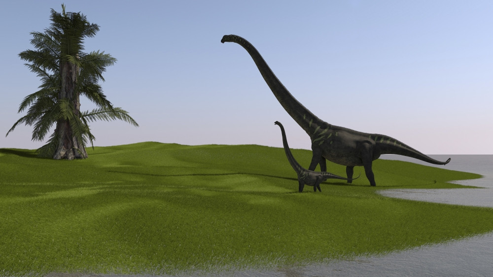 Mamenchisaurus and her offspring walking across an open field Poster ...