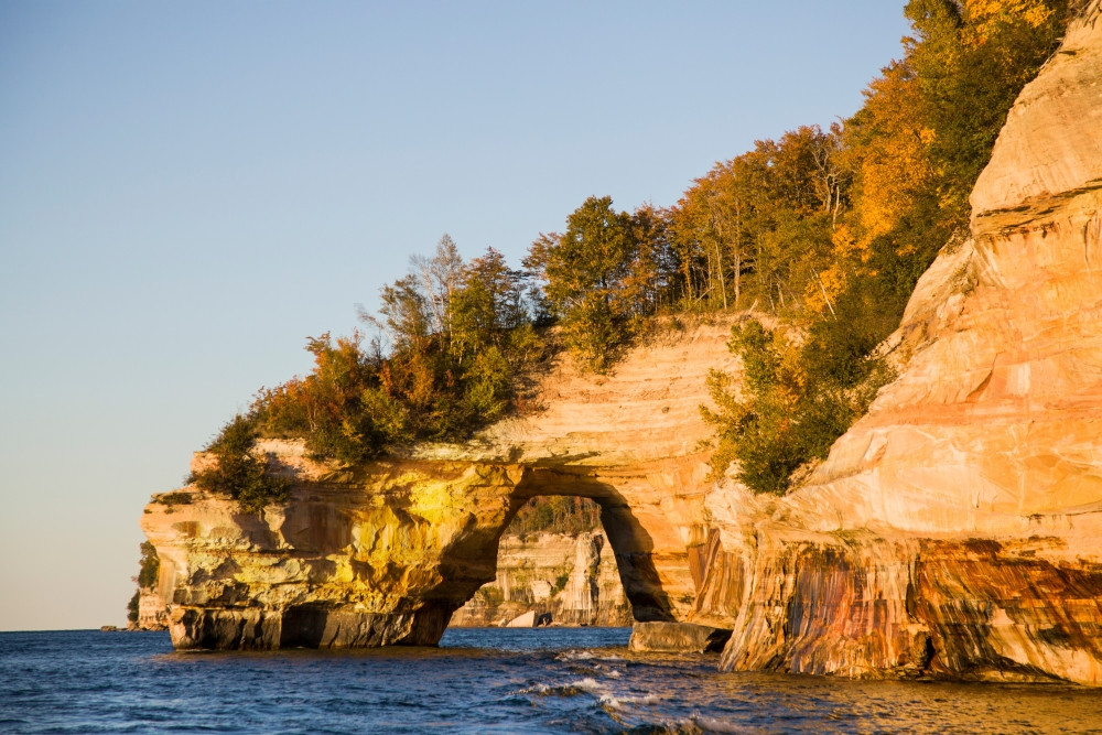 Trees on cliff, Lake Superior, Pictured Rocks National Lakeshore, Alger ...