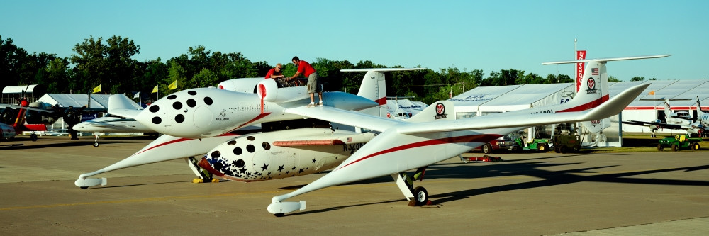Crews working on an aircraft, SpaceShipOne, White Knight, Oshkosh ...