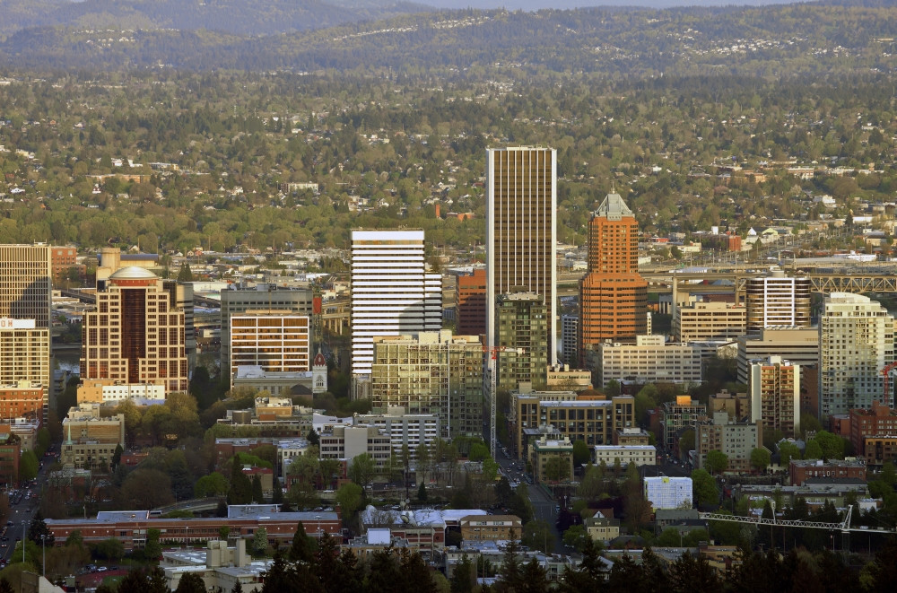 Elevated view of downtown skyline from Pittock Mansion, Portland ...