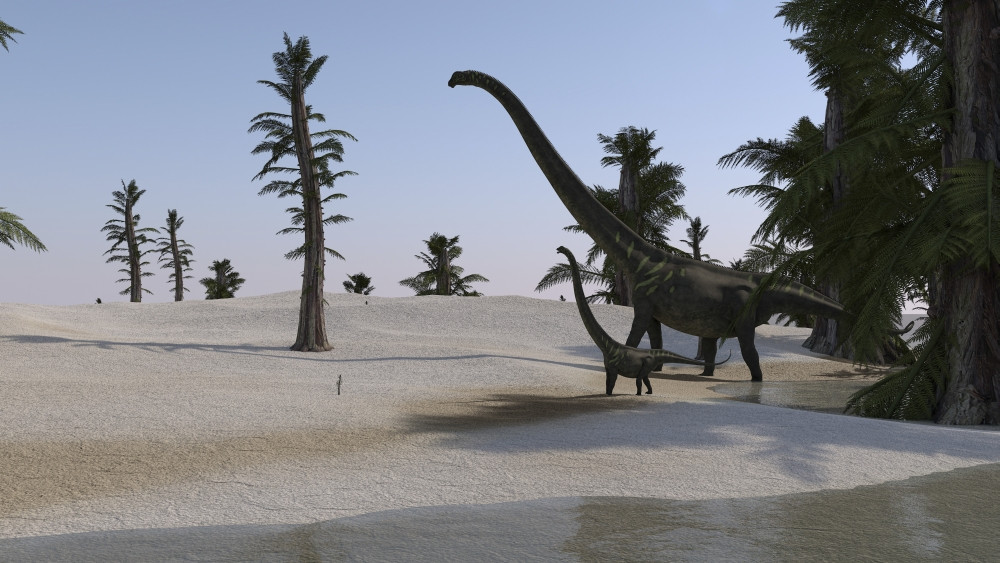 Mamenchisaurus and her offspring walking a prehistoric environment ...