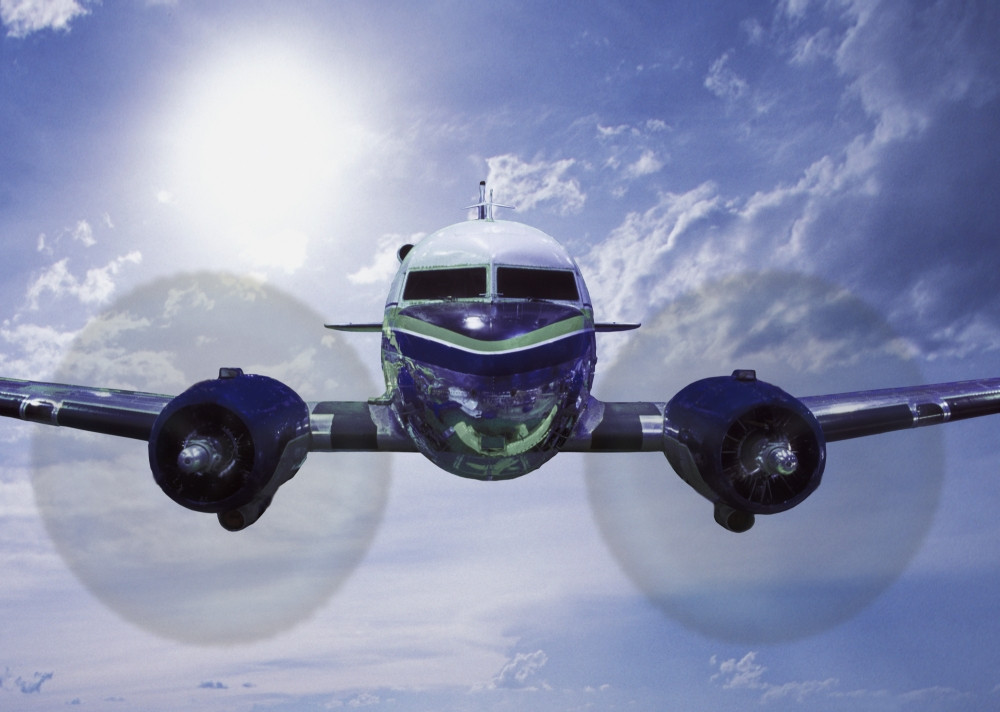 Head-On View Of Twin Engine Propeller Airplane PosterPrint - Item ...