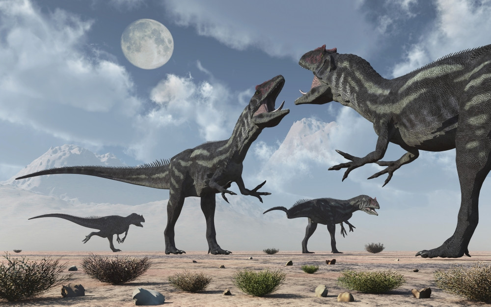 A pack of Allosaurus dinosaurs from Earth's Jurassic period. Poster ...