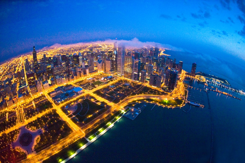 Aerial view of cityscape illuminated at dawn, Chicago, Cook County ...
