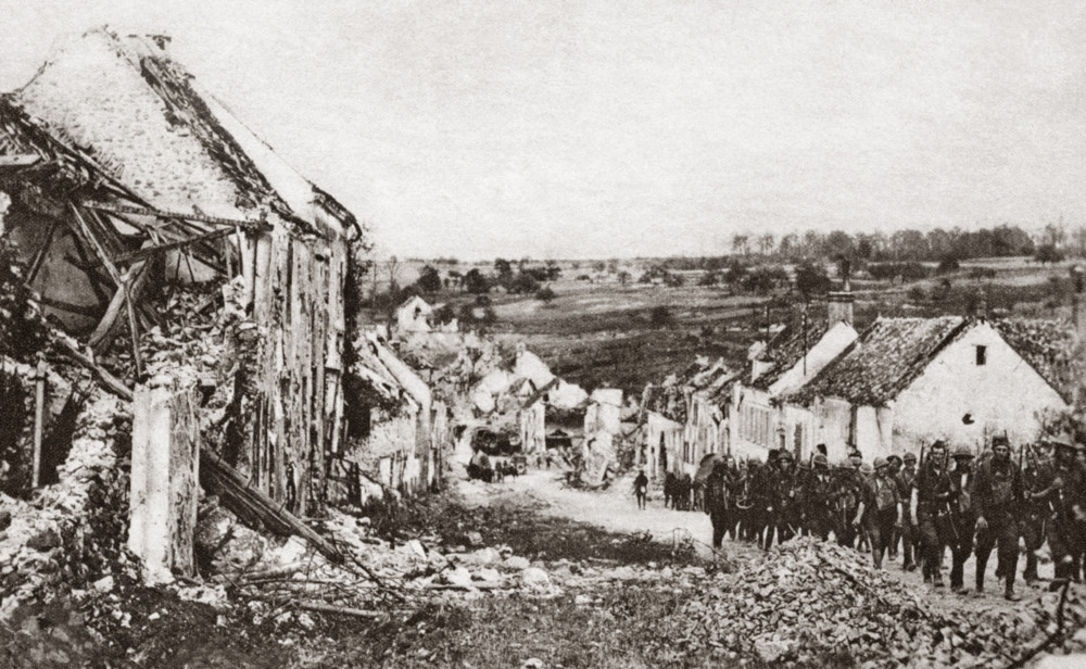 World War I: French Ruins. /Namerican Troops Passing Through A Ruined ...