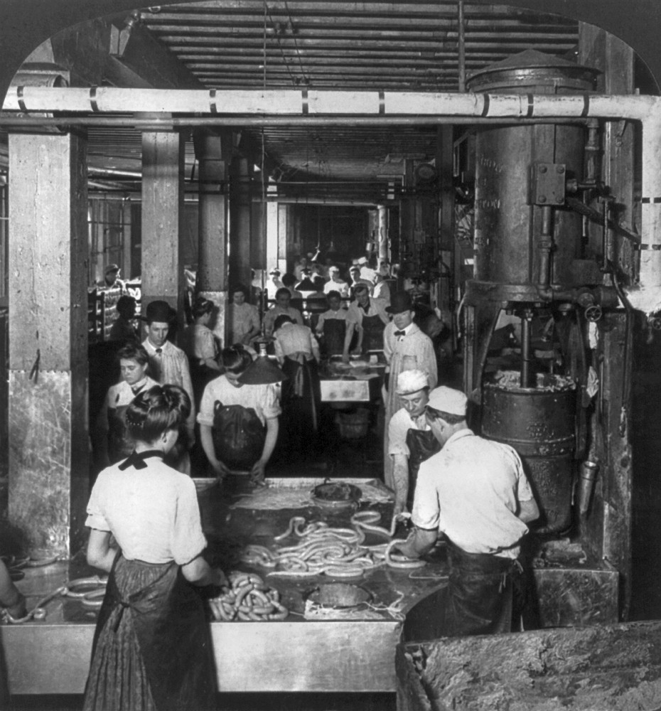 Chicago: Meatpacking. /Nfactory Workers Stuffing Link Sausages With ...