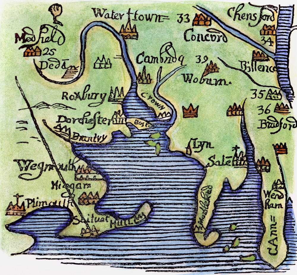 New England Map 1677. /Ndetail Of A Woodcut Map Of New England From ...