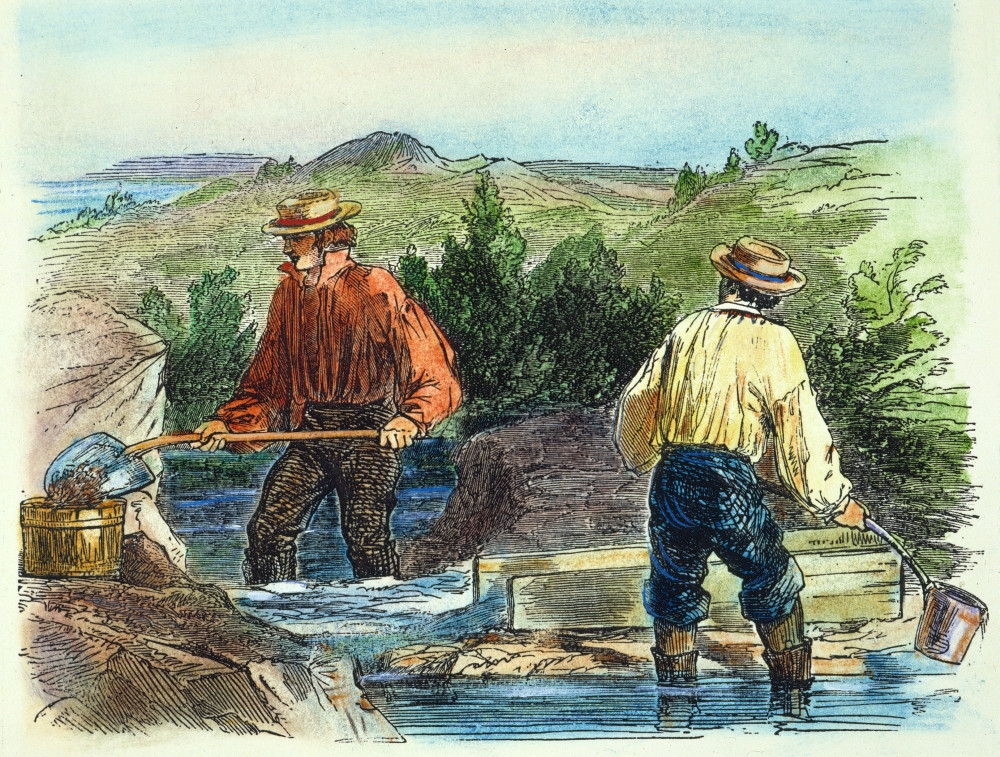 California Gold Rush. /N'Forty-Niners' Washing Gold: Colored Engraving ...